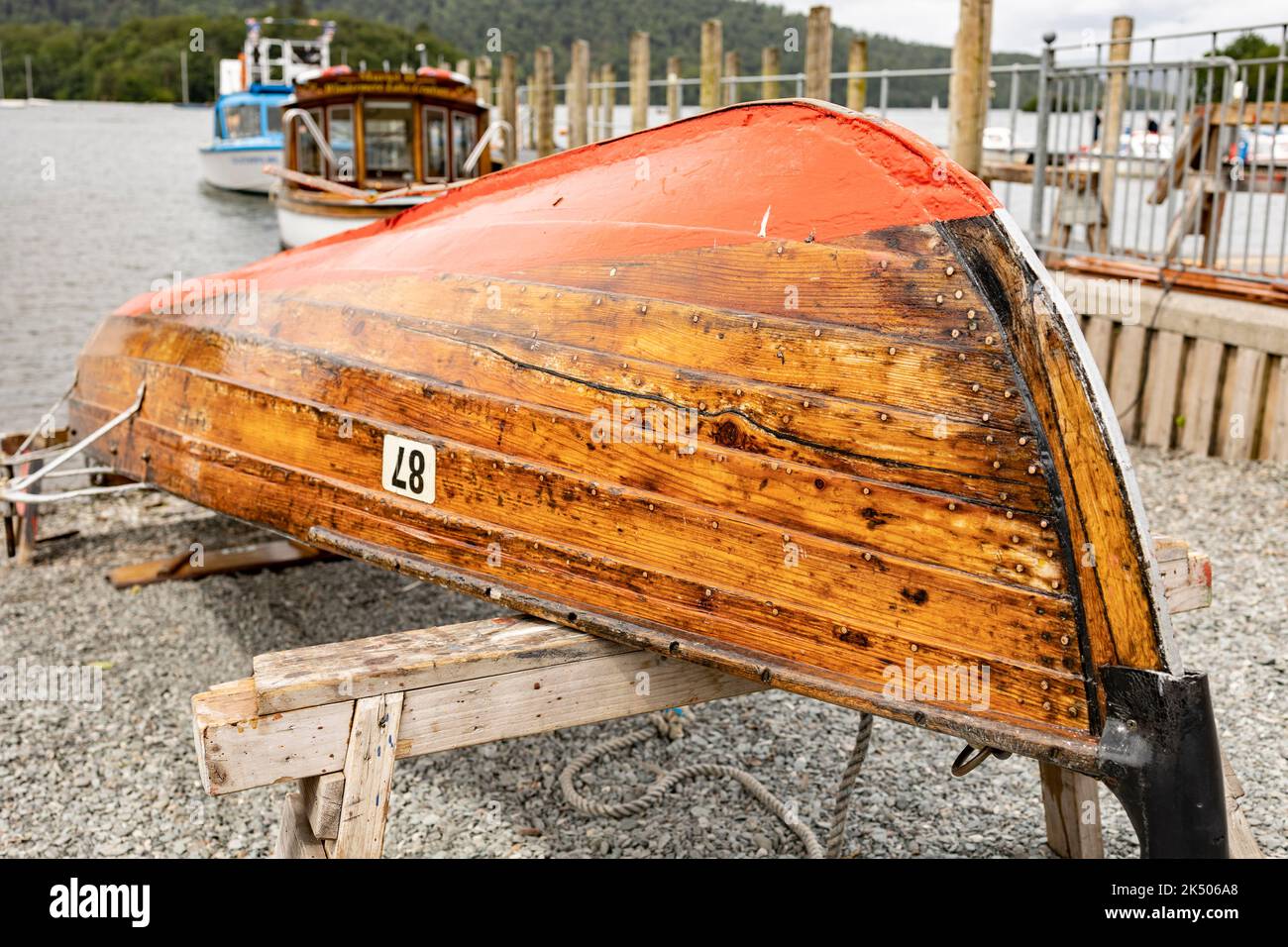Handcrafted cedar strip canoe's on shore during the summer season Stock ...