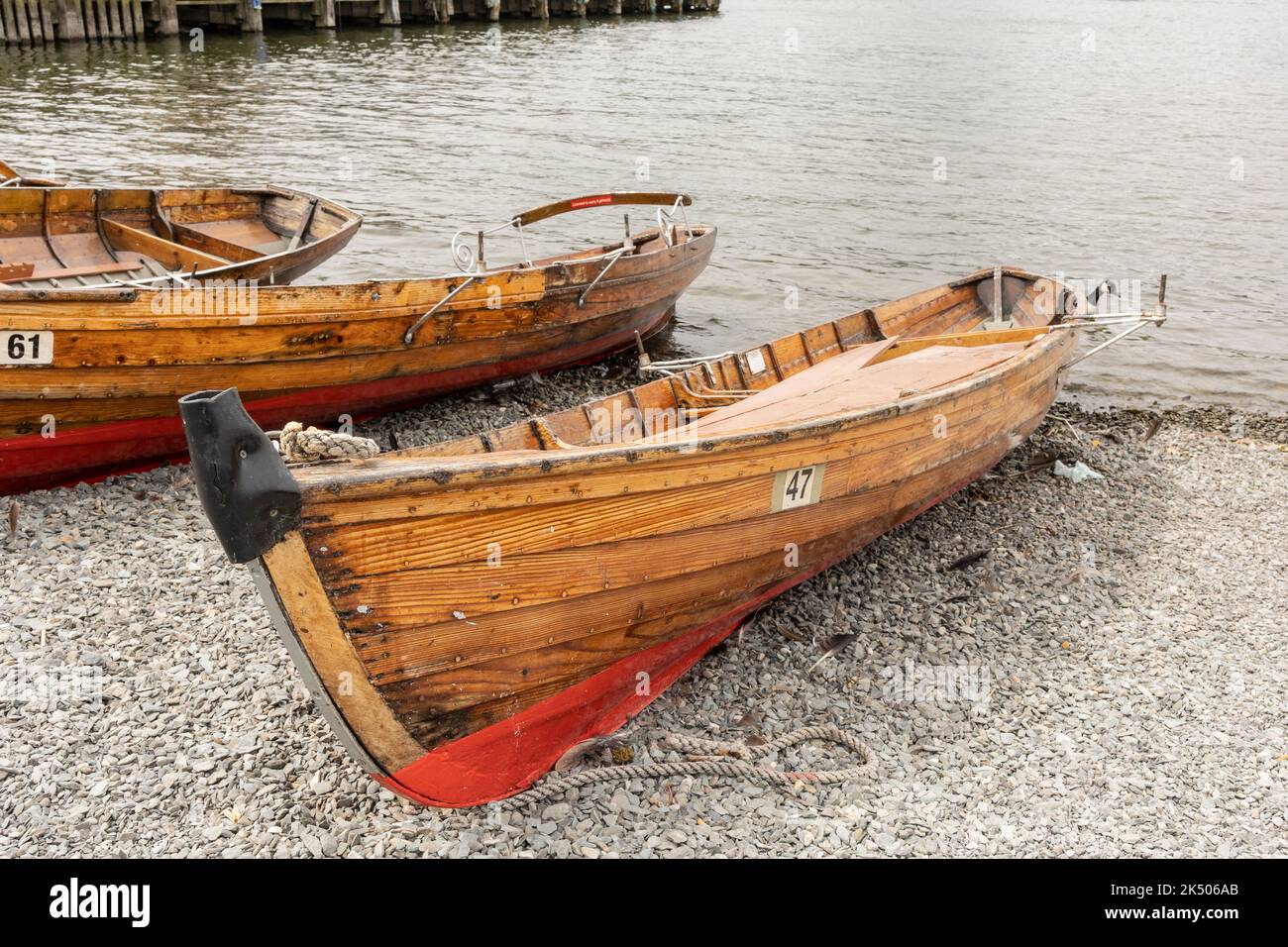 Handcrafted cedar strip canoe's on shore during the summer season Stock ...