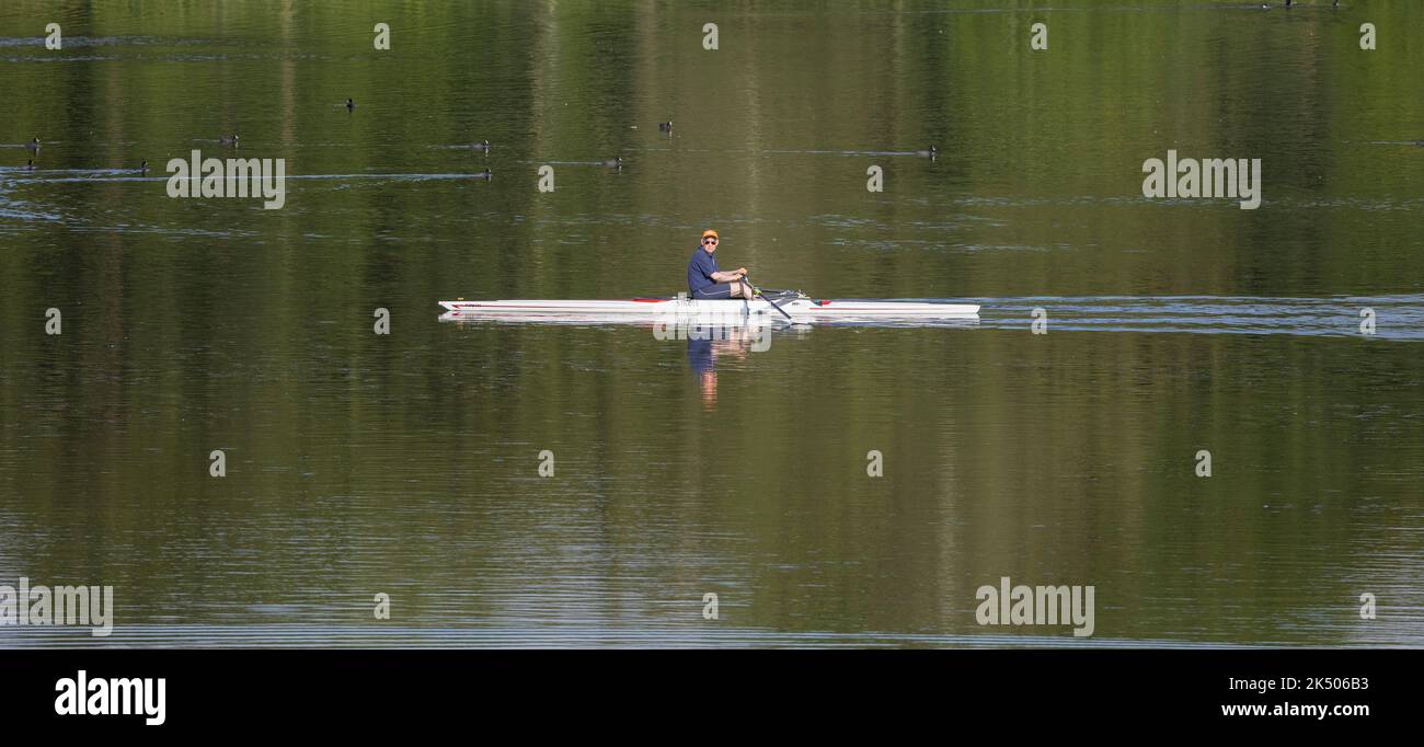 Sportsman single scull man rower rowing on boat.looking at camera Stock ...