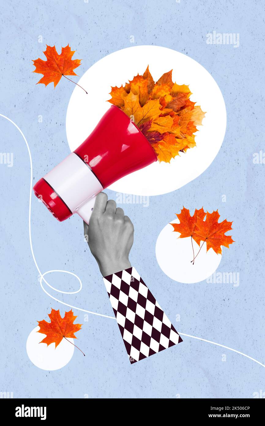 Collage photo of abstract hand hold loudspeaker microphone much leaves ...