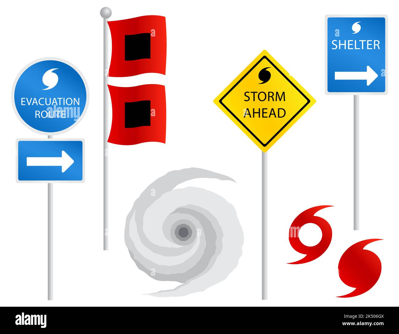 A Set Of Hurricane Related Signs And Symbols Isolated On White Stock a-set-of-hurricane-related-signs-and-symbols-isolated-on-white-stock