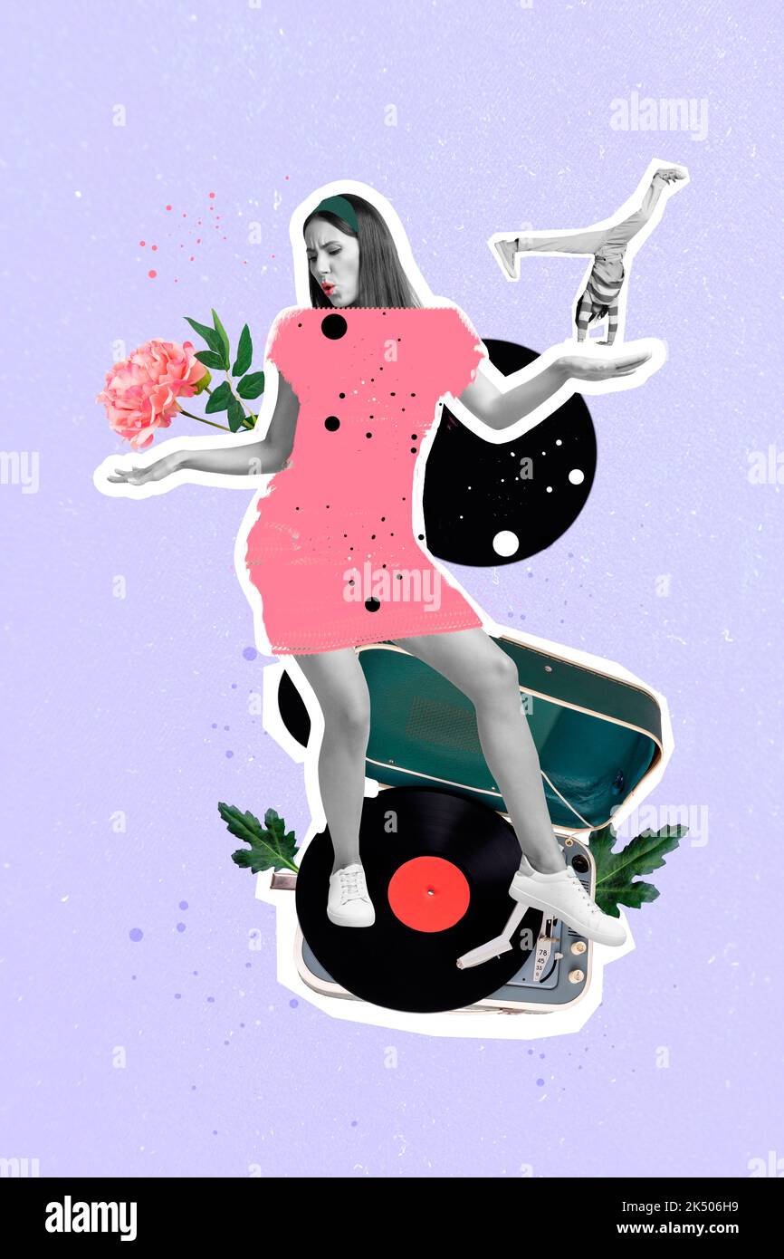 Collage magazine poster of giant lady dancing on small gramophone ...
