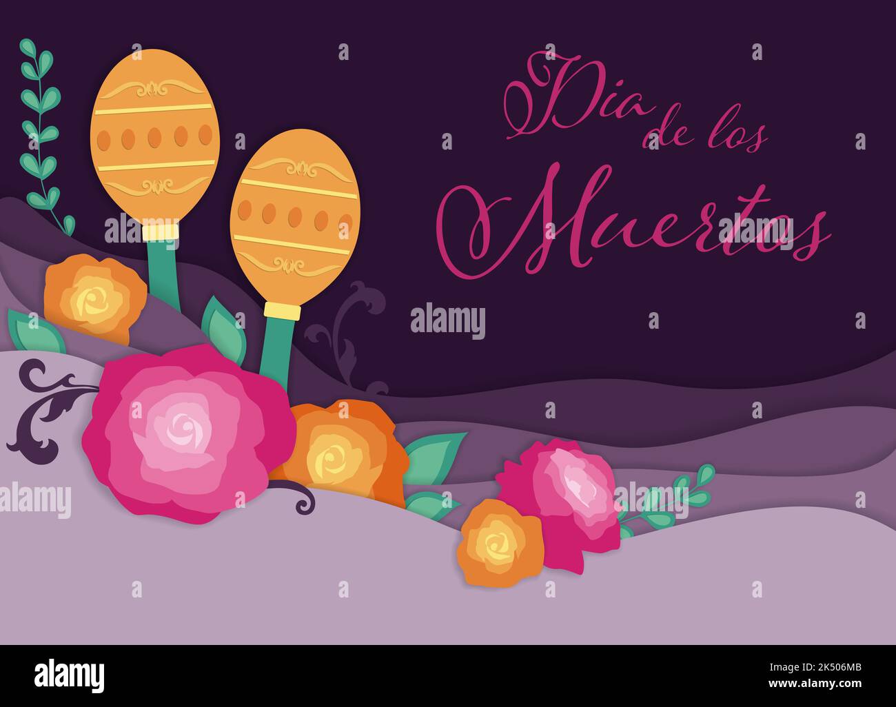 Maracas and roses design in paper layer style. Dia de los muertos or ...