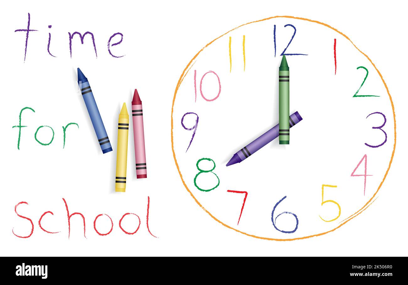 A child like drawing of a clock with crayons, and phrase time for ...