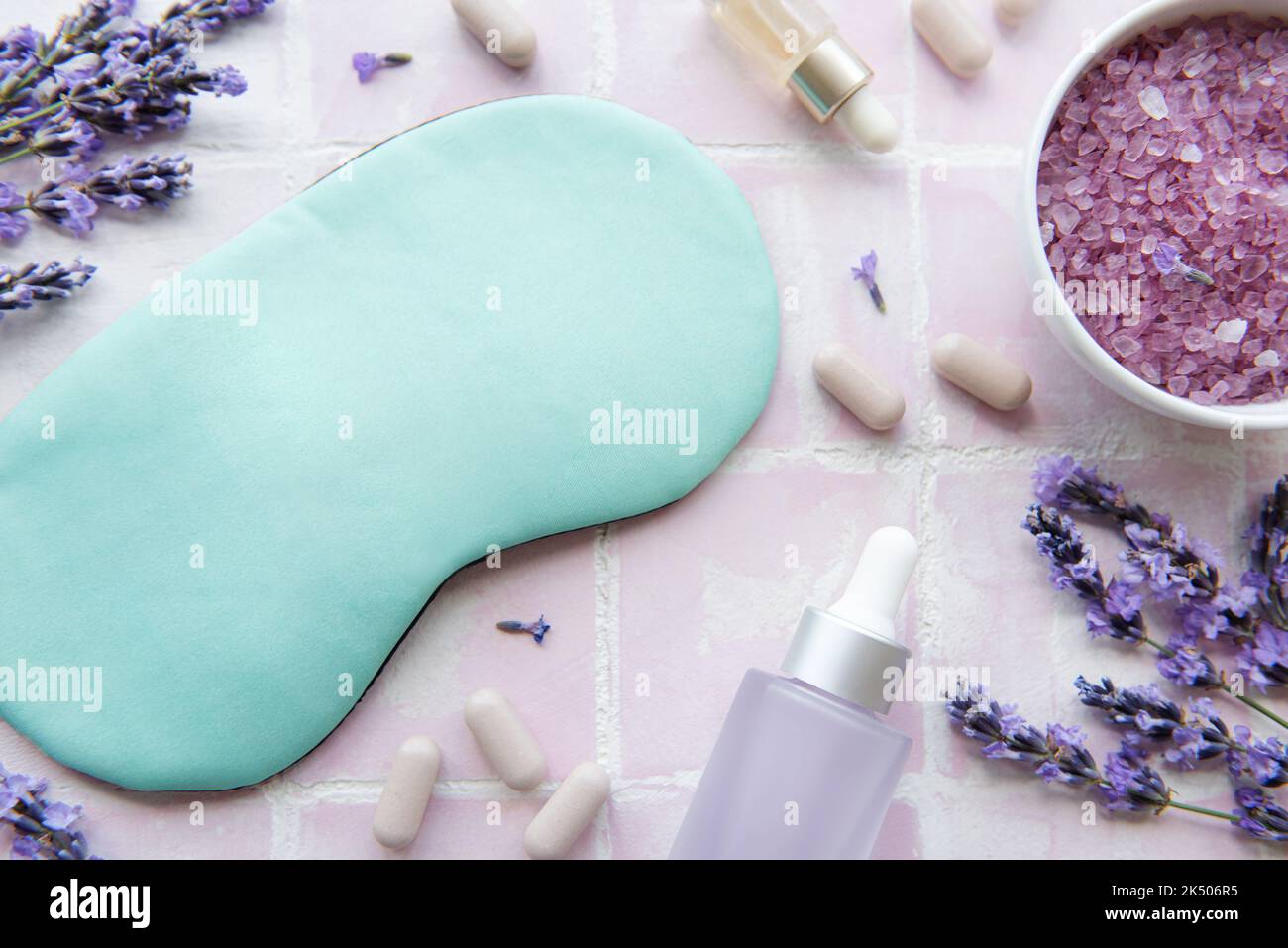 Healthy night sleep concept. Sleep mask and lavender products for ...