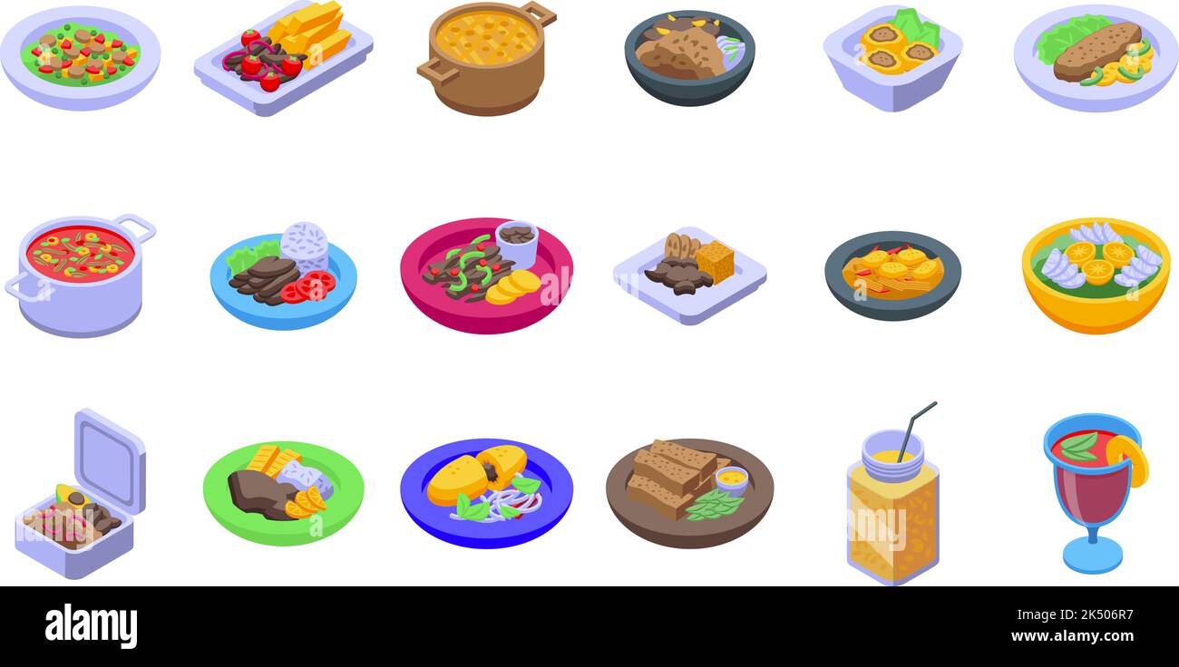 Caribbean cuisine icons set isometric vector. Chicken rice. Cooking ...