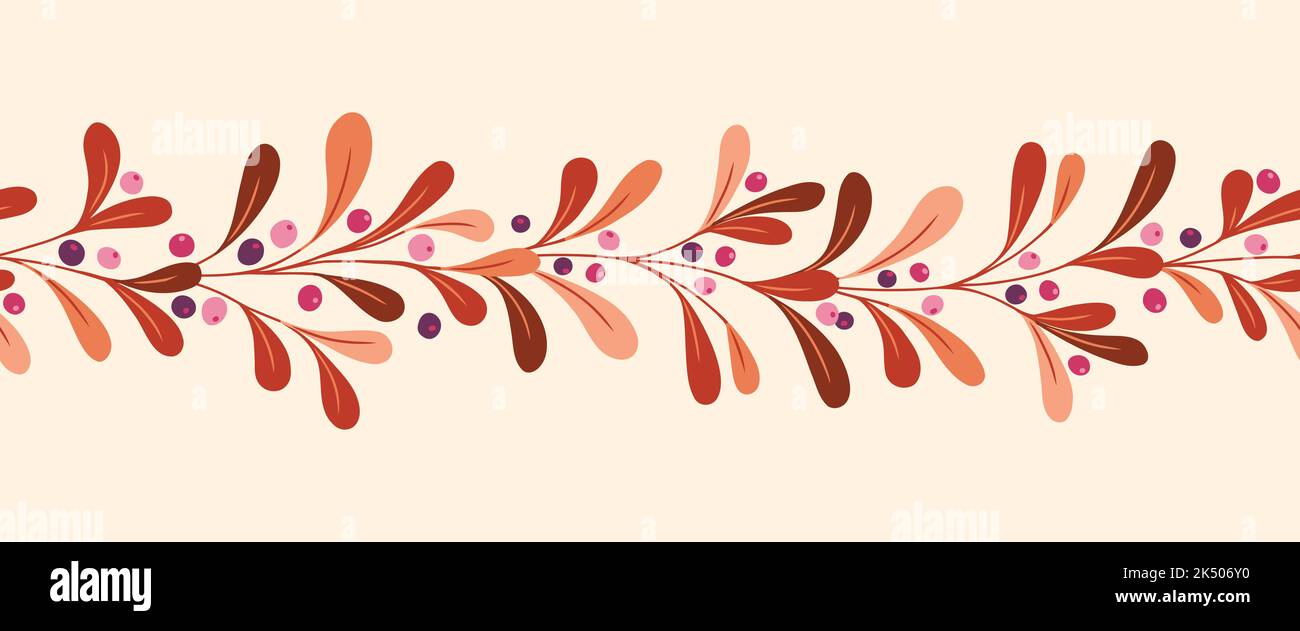Fall Wild Forest Foliage and Berries Vector Seamless Horizontal Pattern ...