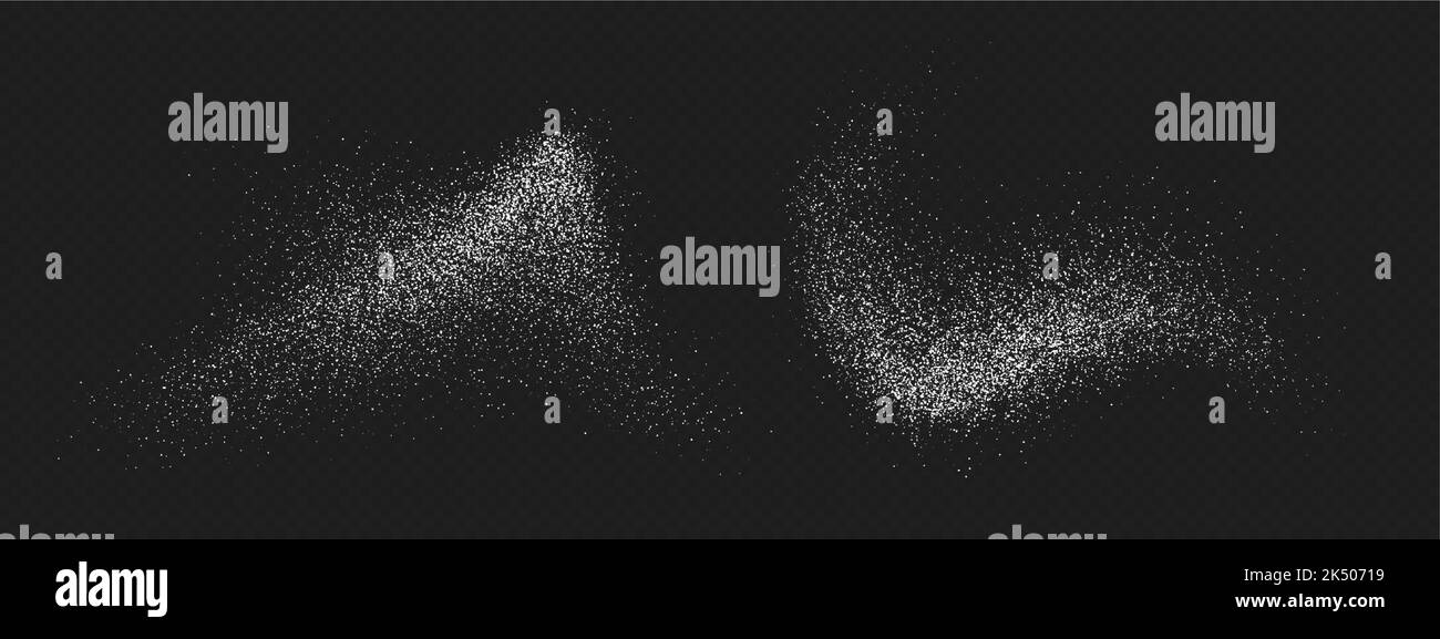 Sugar powder splash, flying salt, baking flour top view. White powder ...