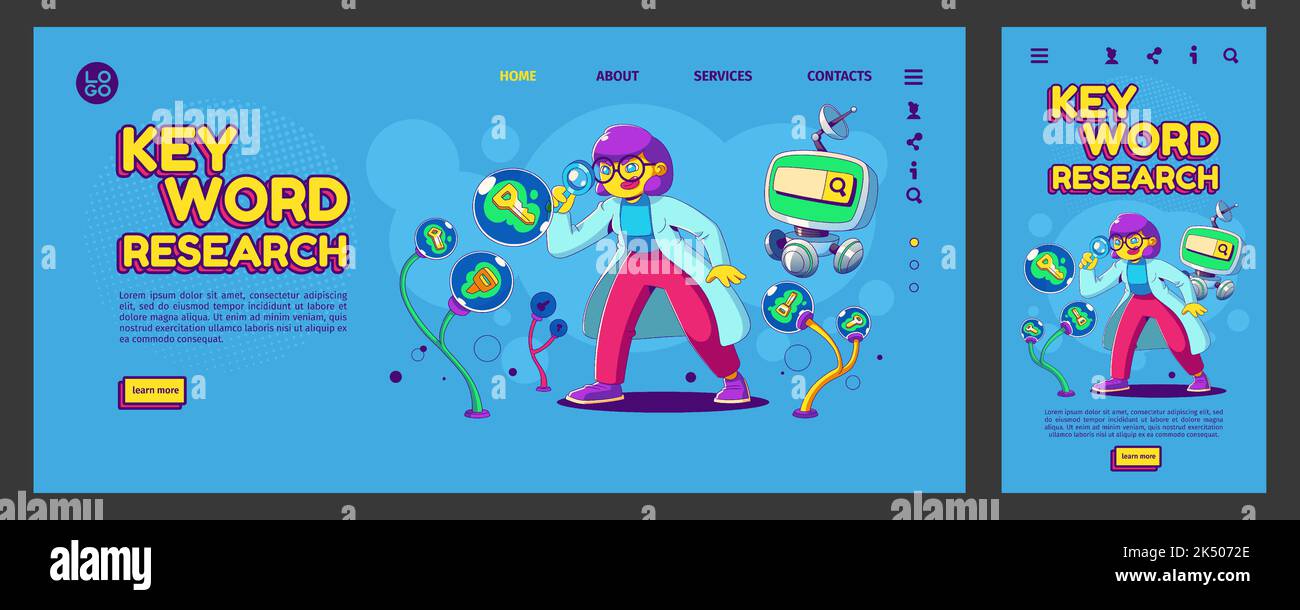 Keyword research banner with woman work with query analysis. Vector ...