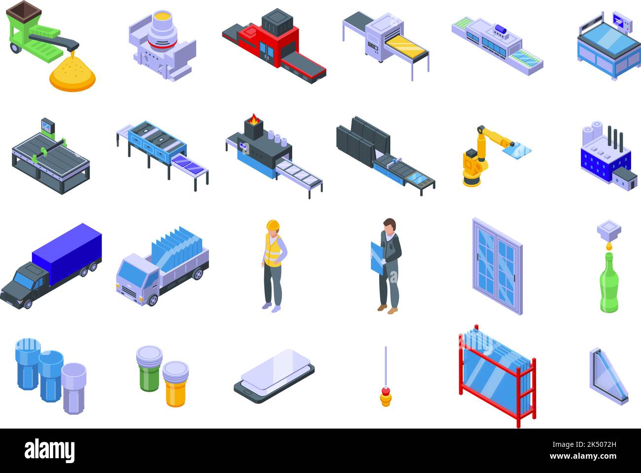 Glass production icons set isometric vector. Raw manufacturing. Window ...