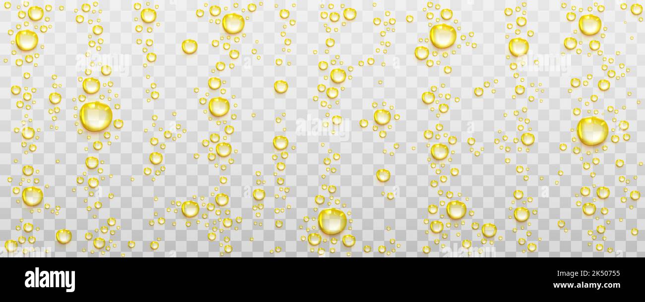 Yellow fizz air bubbles, champagne, soda drink or mineral water abstract dynamic effervescence ...