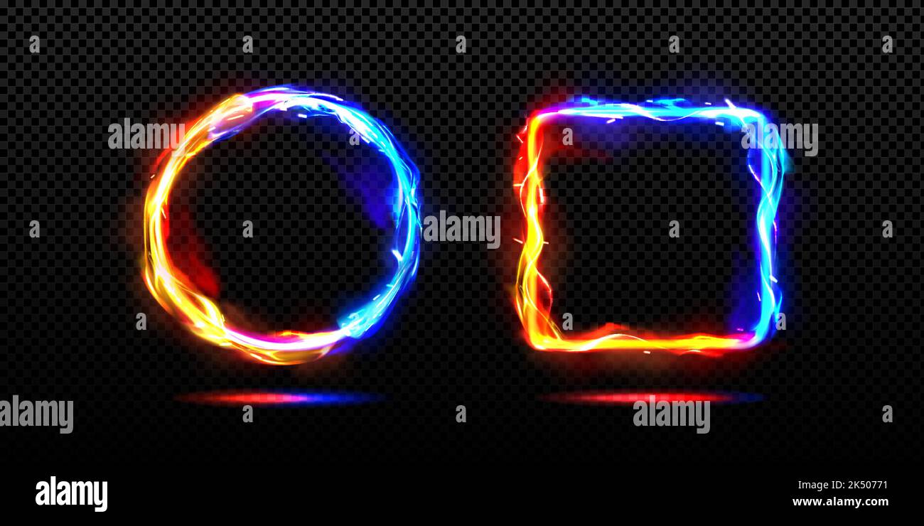 Abstract neon frames with fire and ice energy effect. Circle and square ...