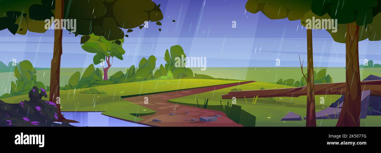 Summer rain wild nature landscape. Cartoon background with dirt road ...