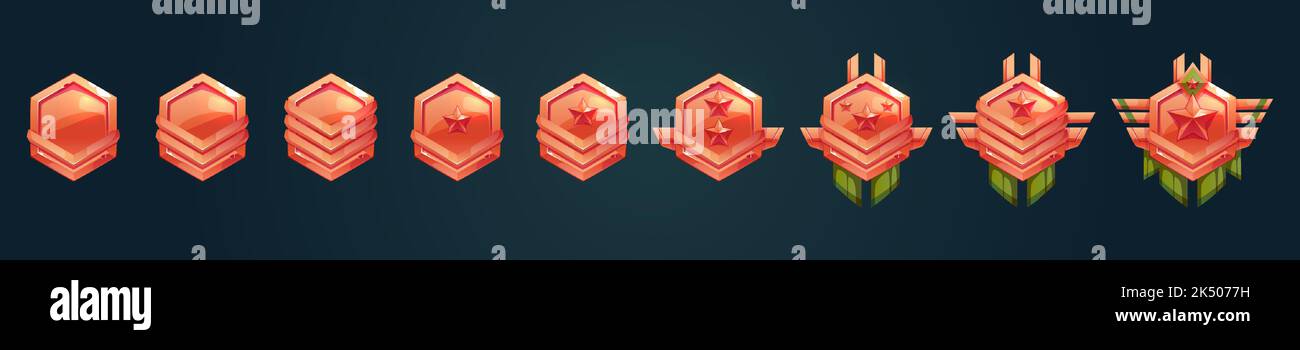 Game rank icons, bronze level badges, metallic ui hexagon banners with ...