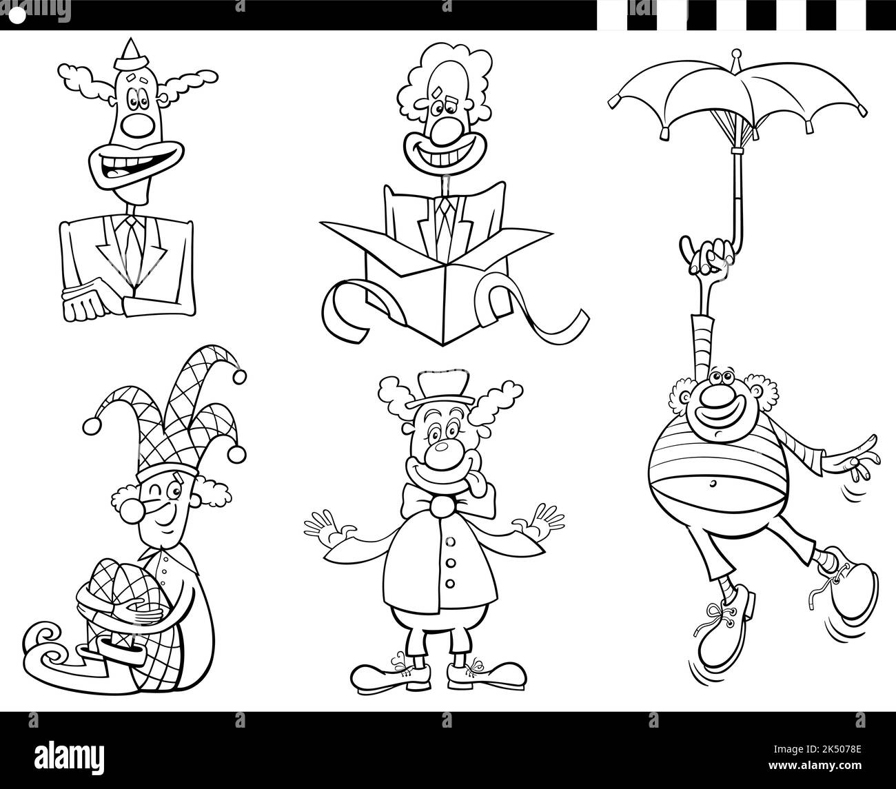 Black and white cartoon illustration of funny clowns comic characters ...
