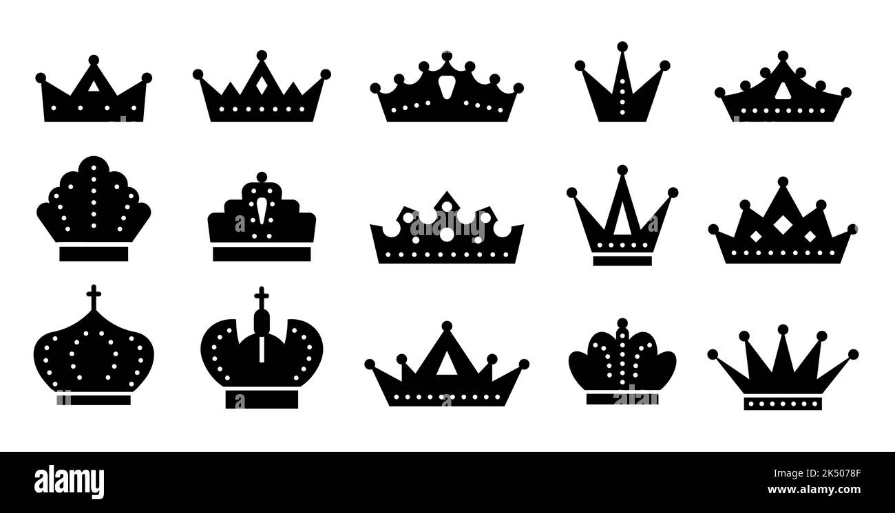 Crown black silhouette icon set. King royal heraldic element. Princ ...