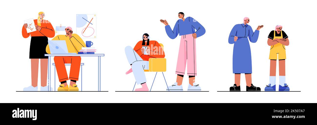 Teenage and parent relation problems. Mother and father scolding and ...