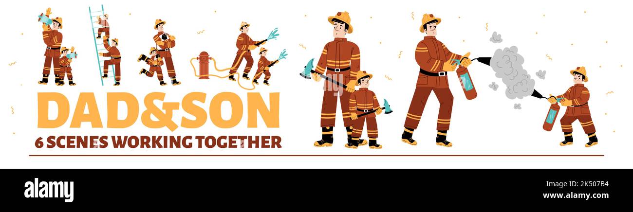 Dad and son fire fighters working together. Father and kid wear uniform ...