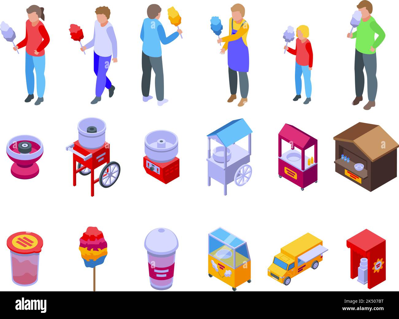 Cotton candy seller icons set isometric vector. Food carnival. Fast ...