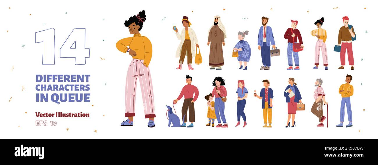 Different people standing in queue set. Diverse characters, students ...