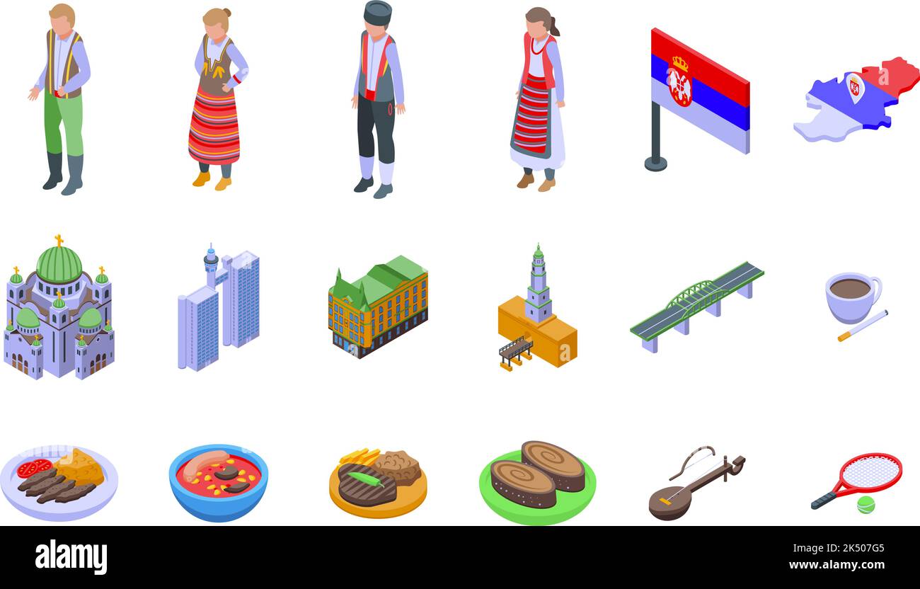 Serbia Icons Set Isometric Vector Country Flag Travel Map Stock