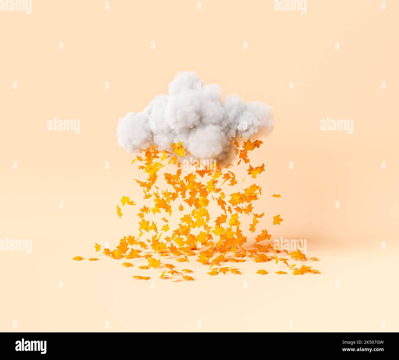 Creative 3D rendering of golden maple autumn leaves falling from fluffy ...