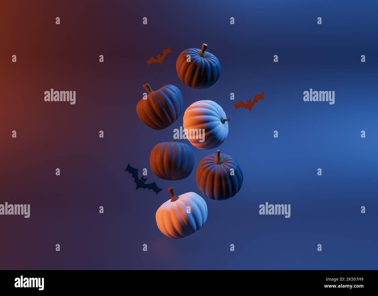 3D rendering of Halloween pumpkins and bats levitating against blue ...