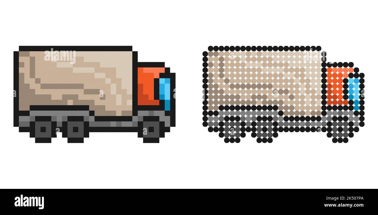 Pixel icon. Heavy construction equipment truck, garbage truck ...