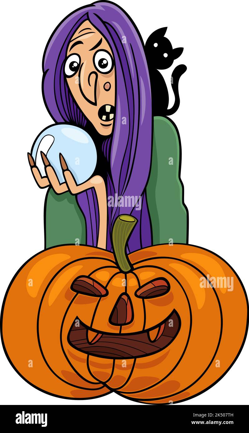 Cartoon illustration of funny witch with crystal ball and Halloween ...