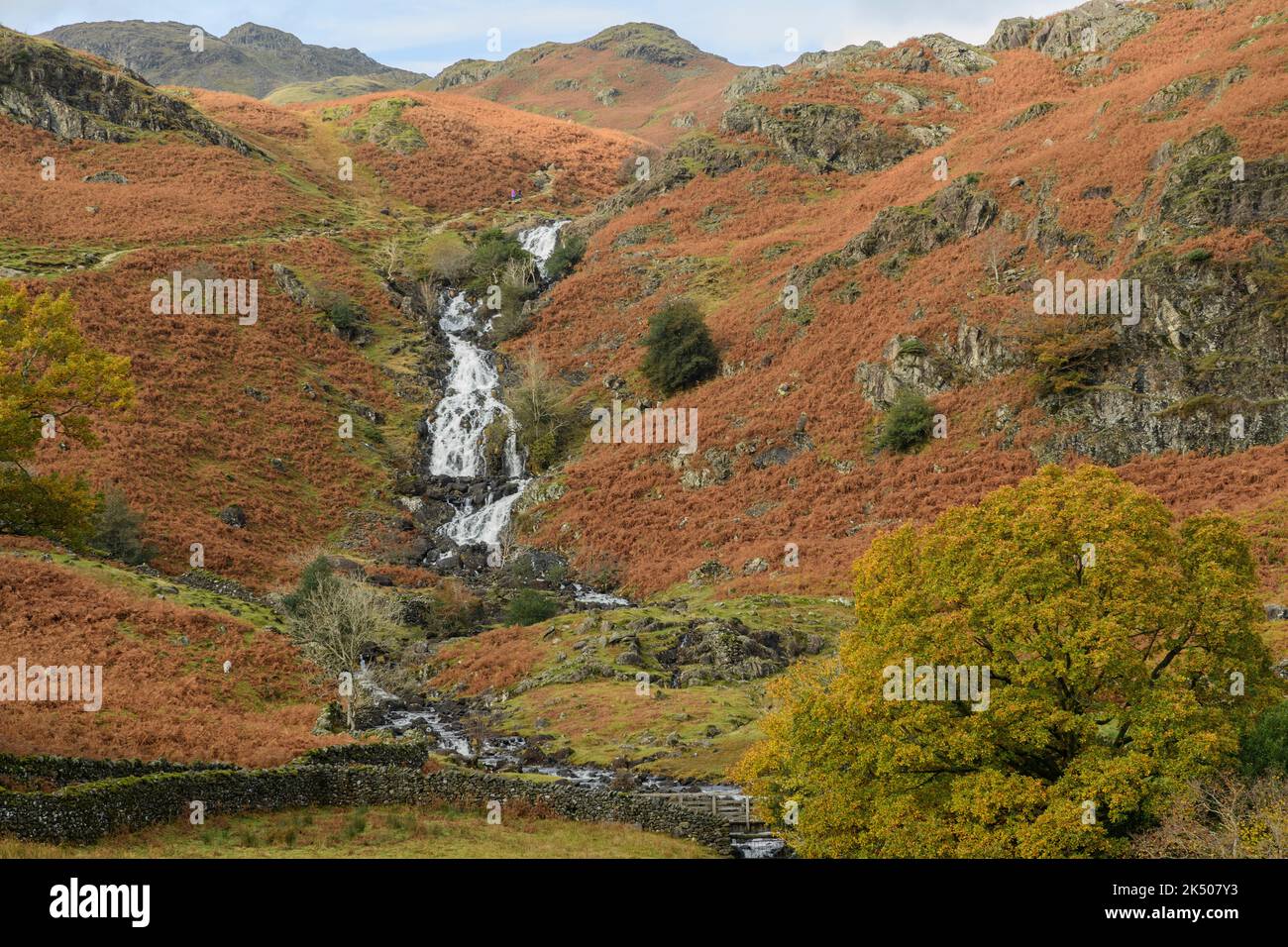 The valley of Easedale in autumn, looking up Sourmilk Gill to waterfall ...