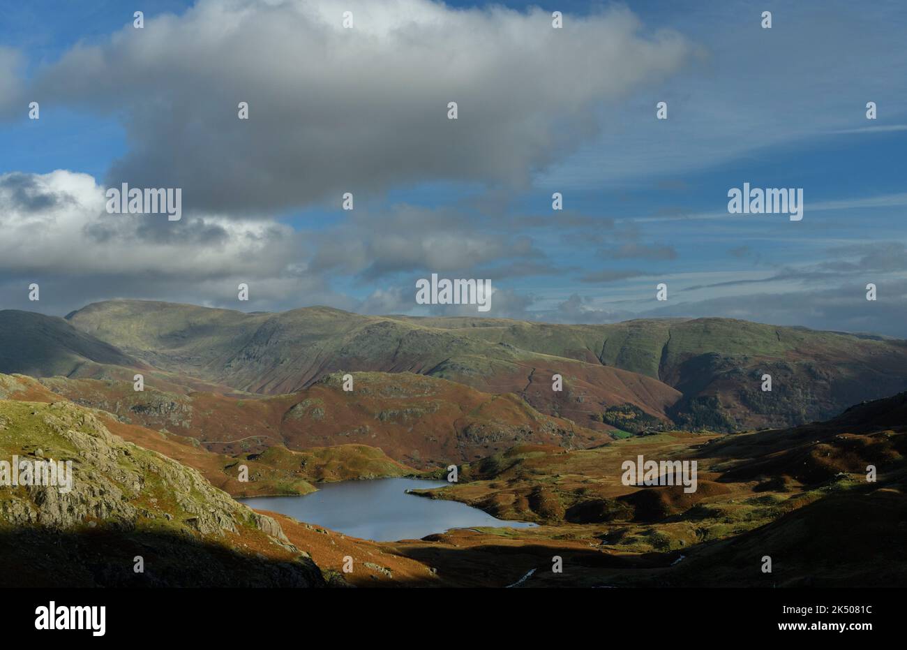 The valley of Easedale in autumn, looking east across Easedale Tarn ...