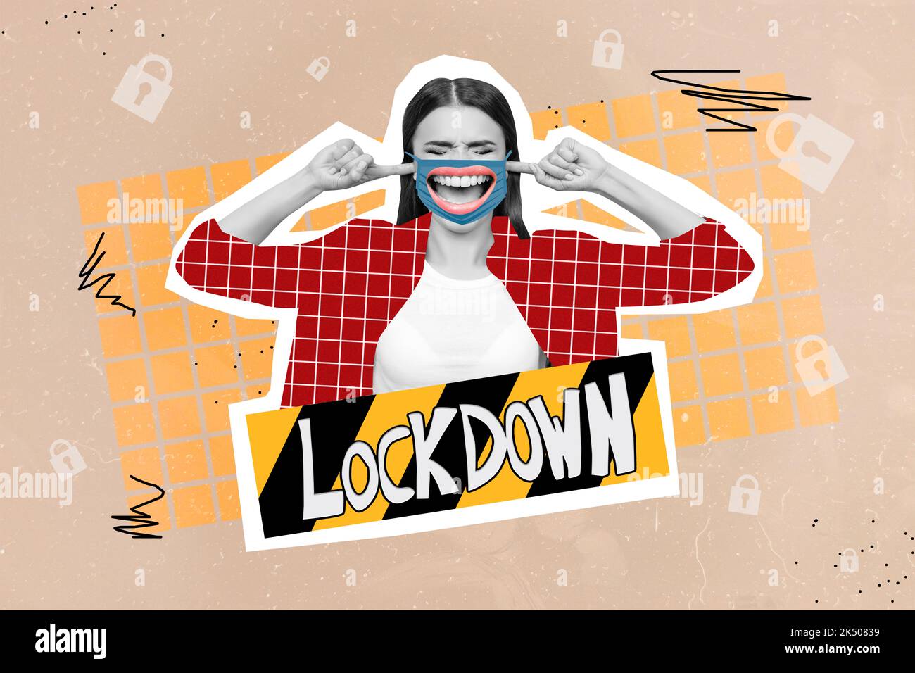 Creative drawing collage picture of young woman covering ears closed eyes wear mask yelling ...