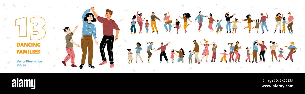 Set of dancing families rejoice, fun, home party. Happy parents and ...