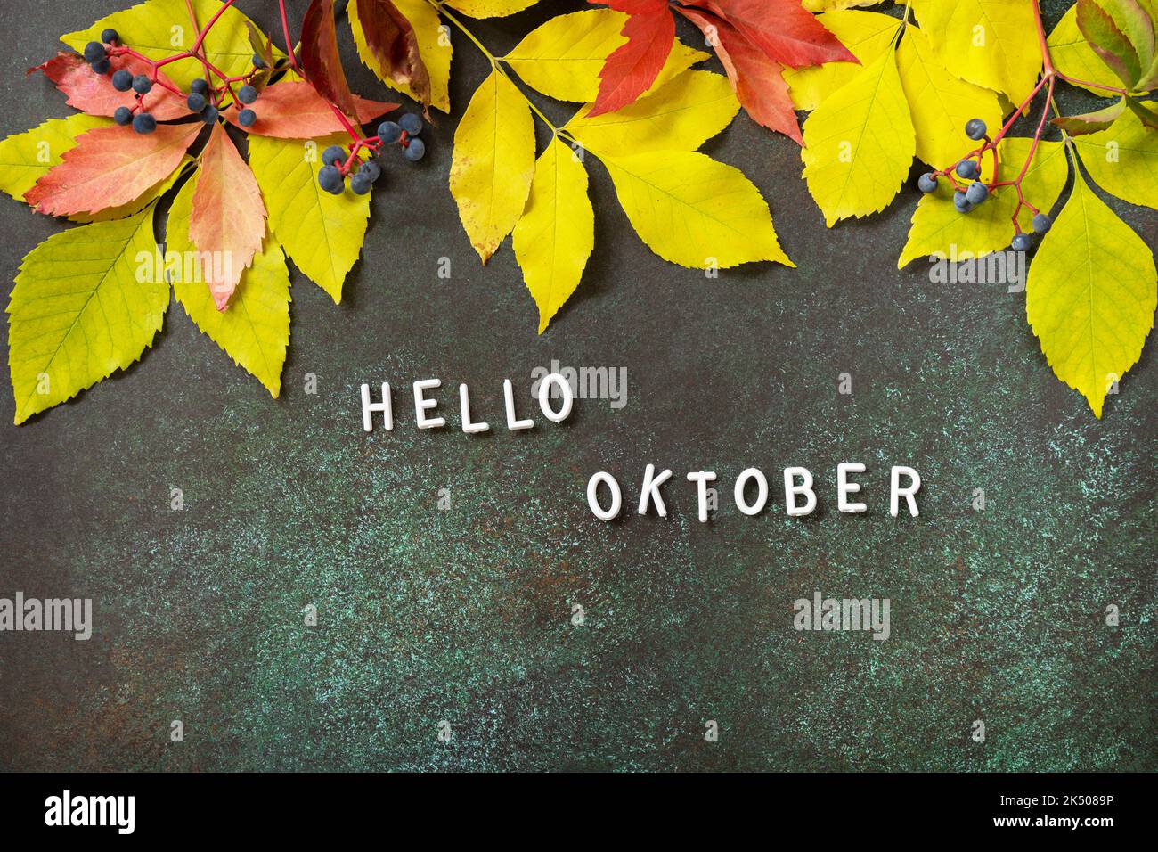 Hello October text. Autumn composition with colorful leaves and autumn ...
