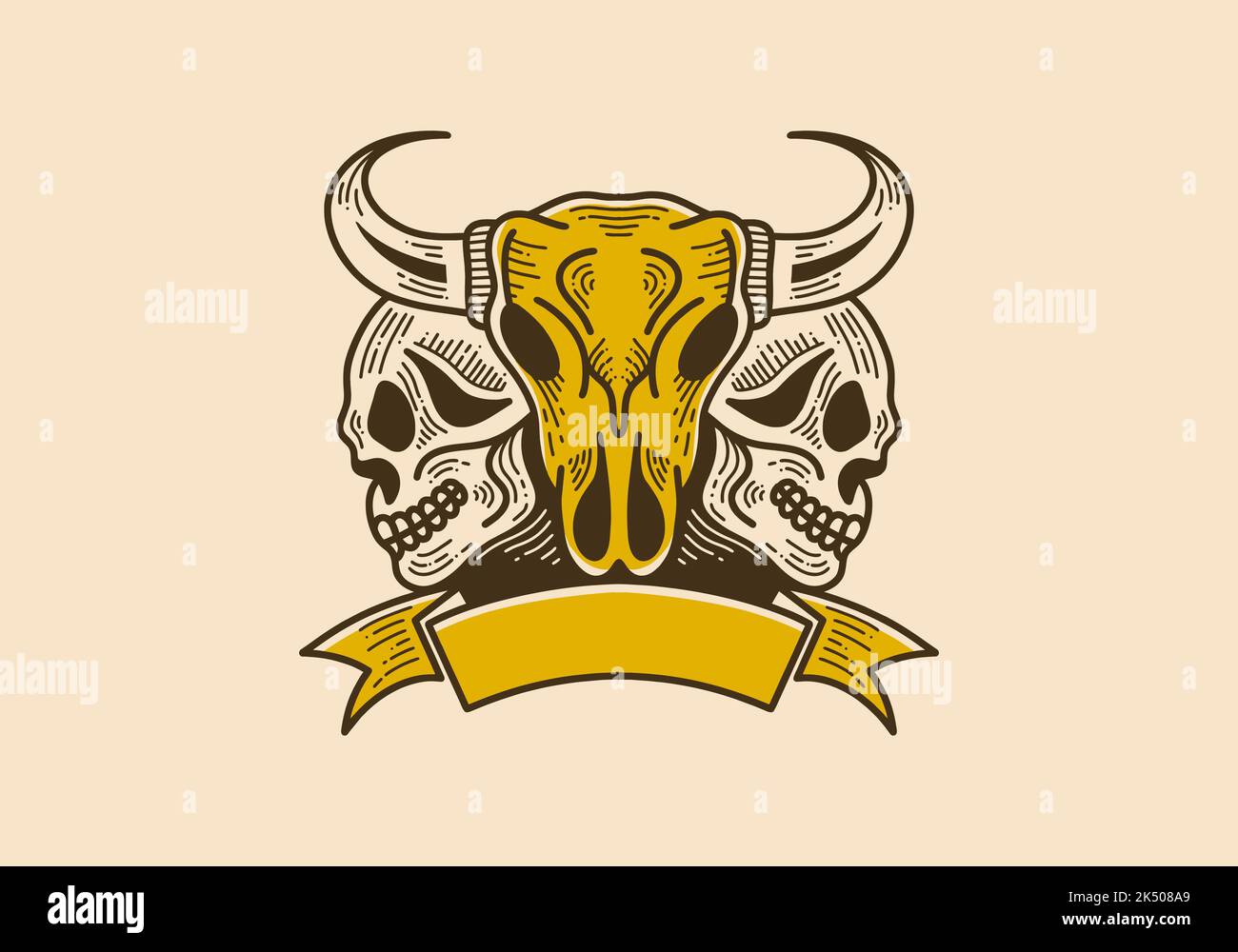 Vintage style illustration design of a bull skull with two skulls on ...