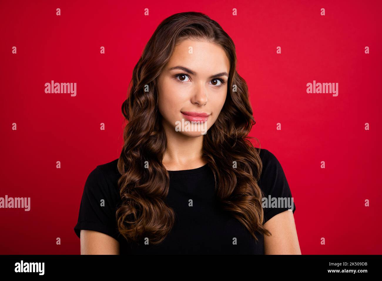 Photo of charming adorable young lady dressed black t-shirt smiling ...