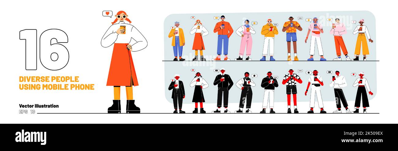 Set of diverse people using mobile phones. Male and female characters ...
