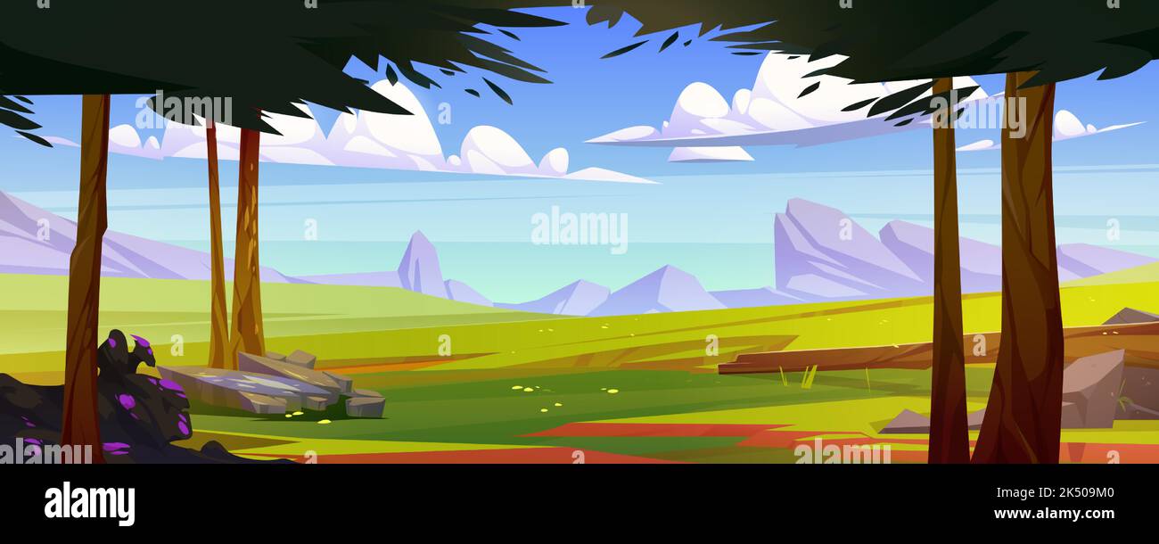 Summer scene with meadow, trees and green grass in mountain valley ...