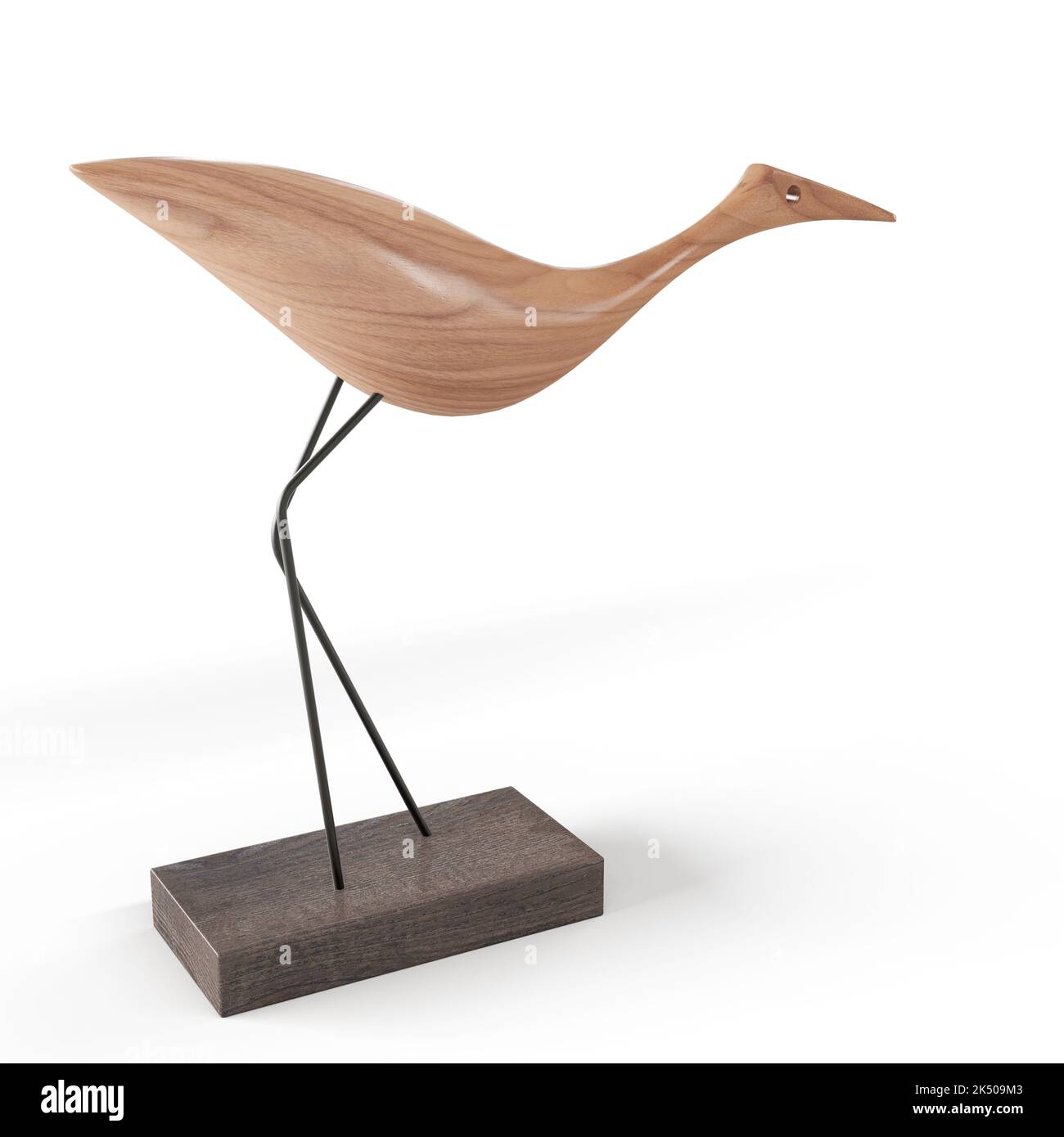 A 3D rendering of a wooden bird decoration with long legs leaning ...
