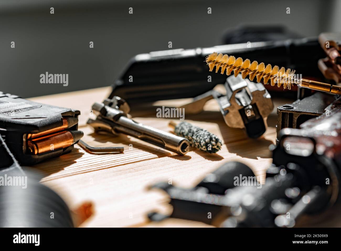 Gunsmith's working table for gun cleaning and maintaining Stock Photo ...