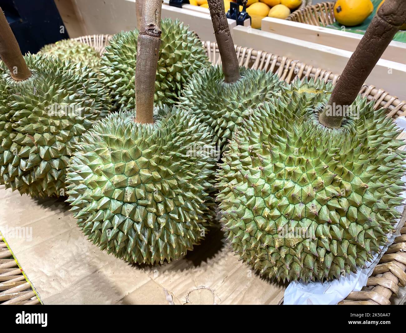 The stacks of Durian waiting for sale. It is the king of fruits Stock ...