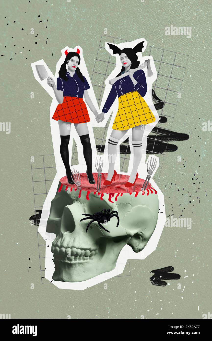 Vertical collage image of two dangerous evil girls black white gamma ...