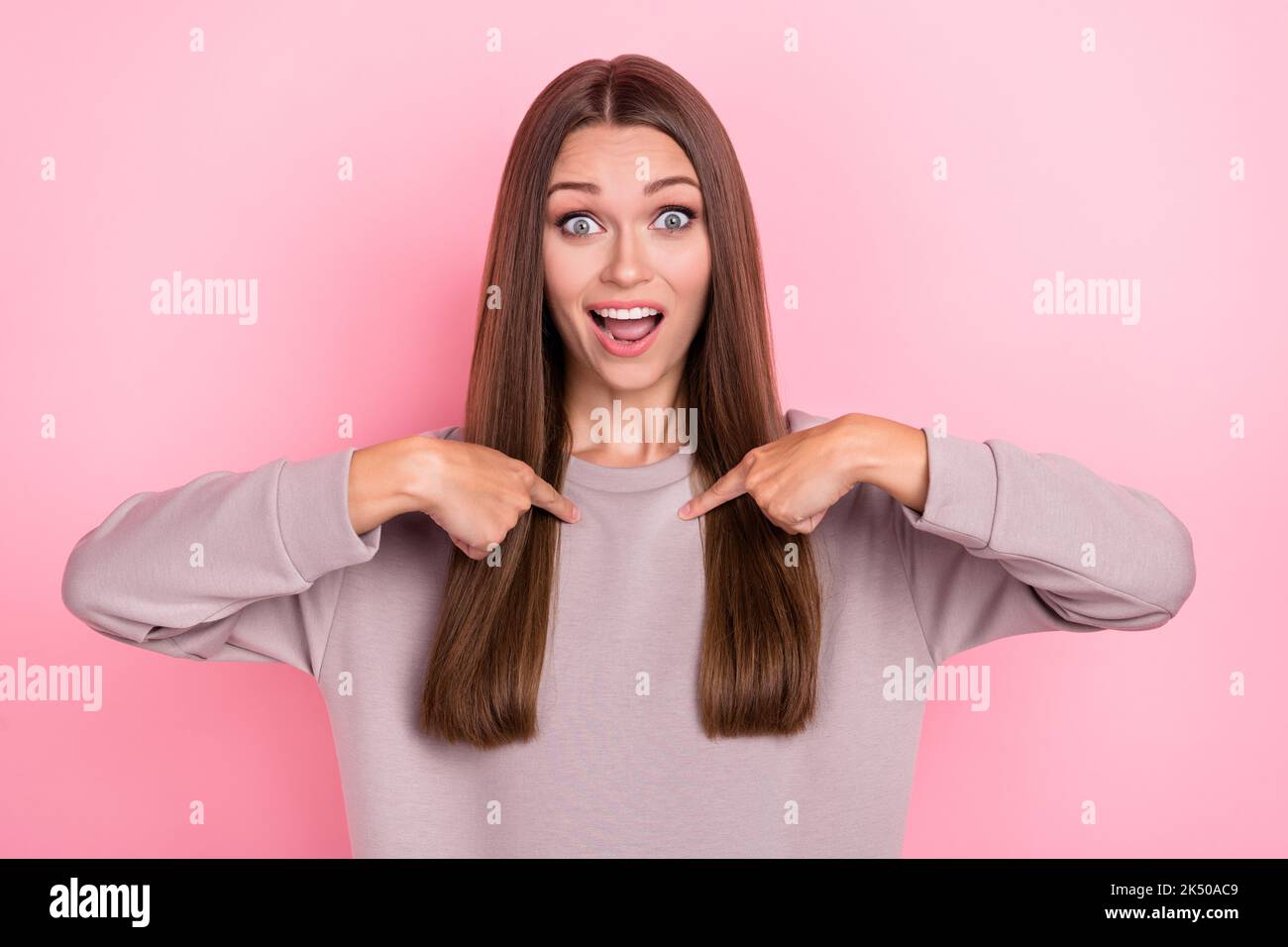 Portrait of astonished positive person indicate fingers self herself ...