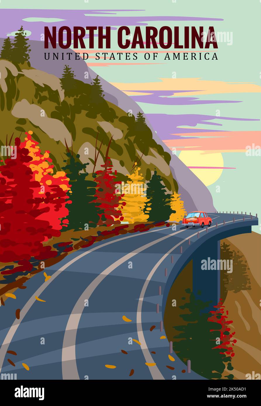 North Carolina travel vintage poster, autumn road, car, mountains ...