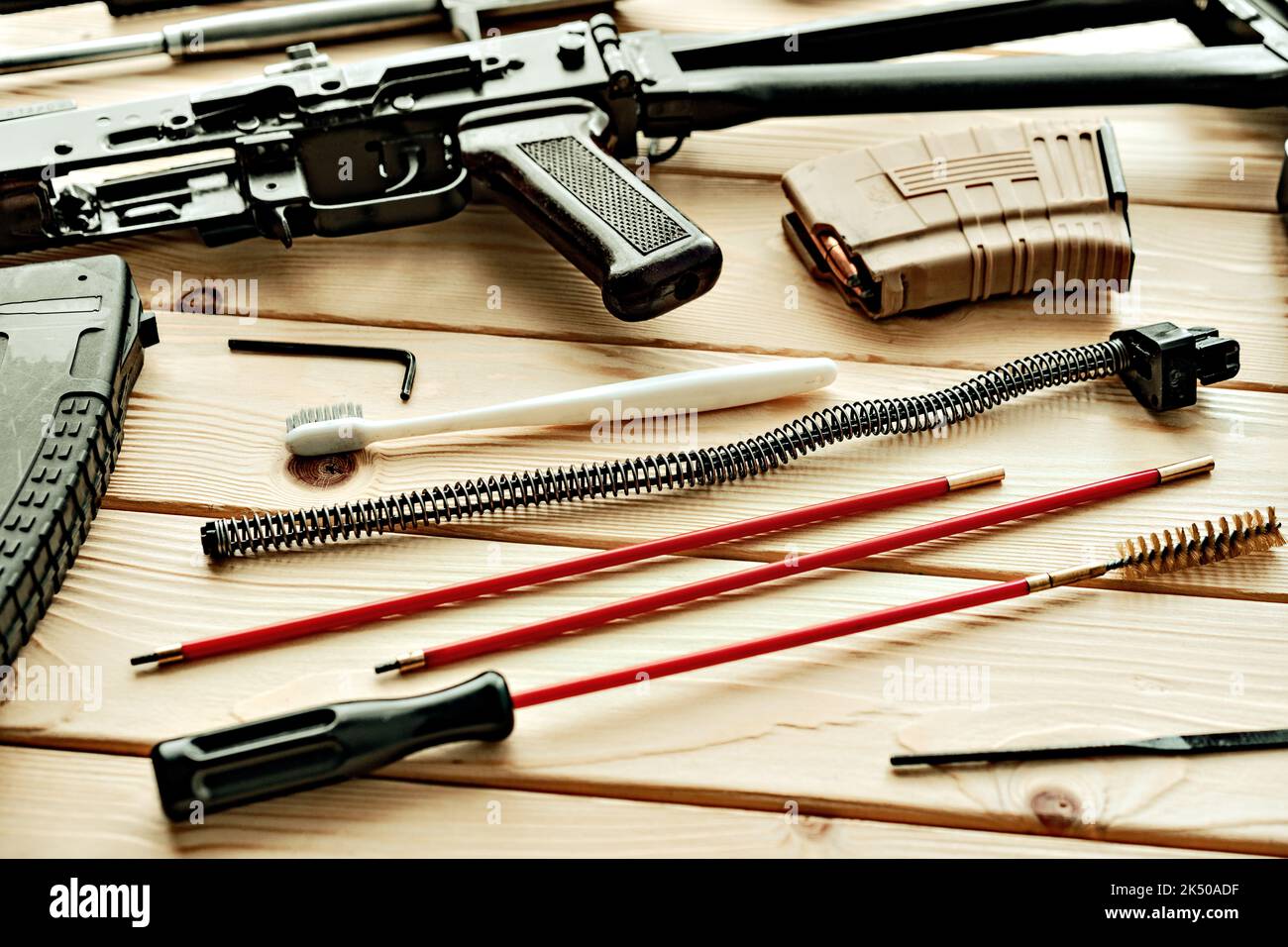 Gunsmith's working table for gun cleaning and maintaining Stock Photo ...