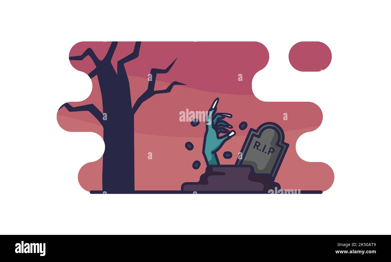 Hand Rise up from the gravestone cartoon. Halloween night vector ...