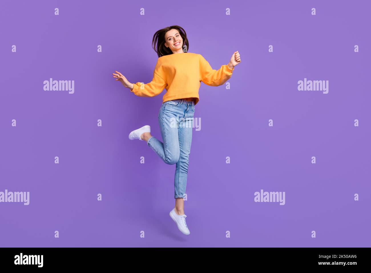 Full body length photo of young attractive nice girl dancing ...