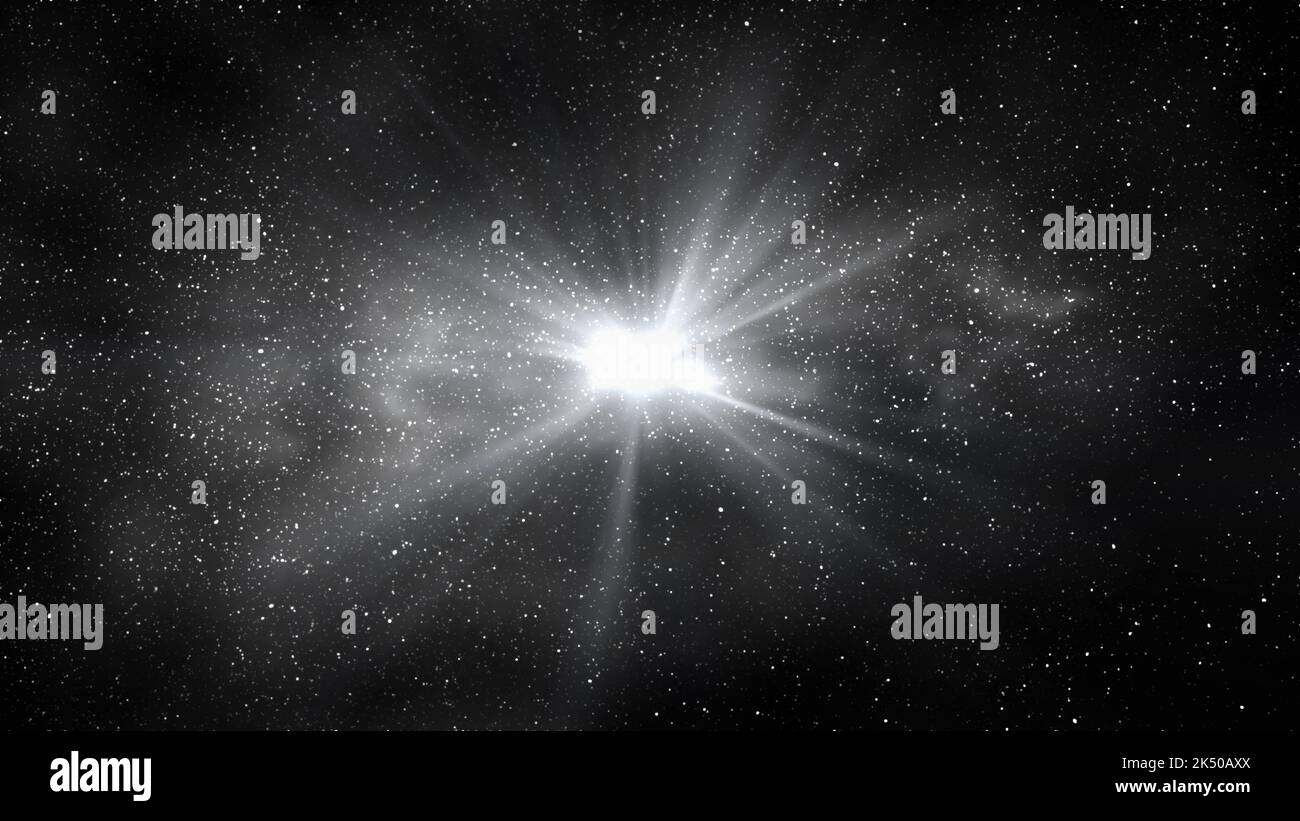 Burst of light in space. Night black starry sky and bright galaxy ...