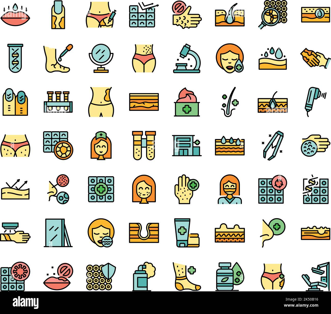 Dermatologist icons set outline vector. Dry psoriasis. Skin acne thin ...