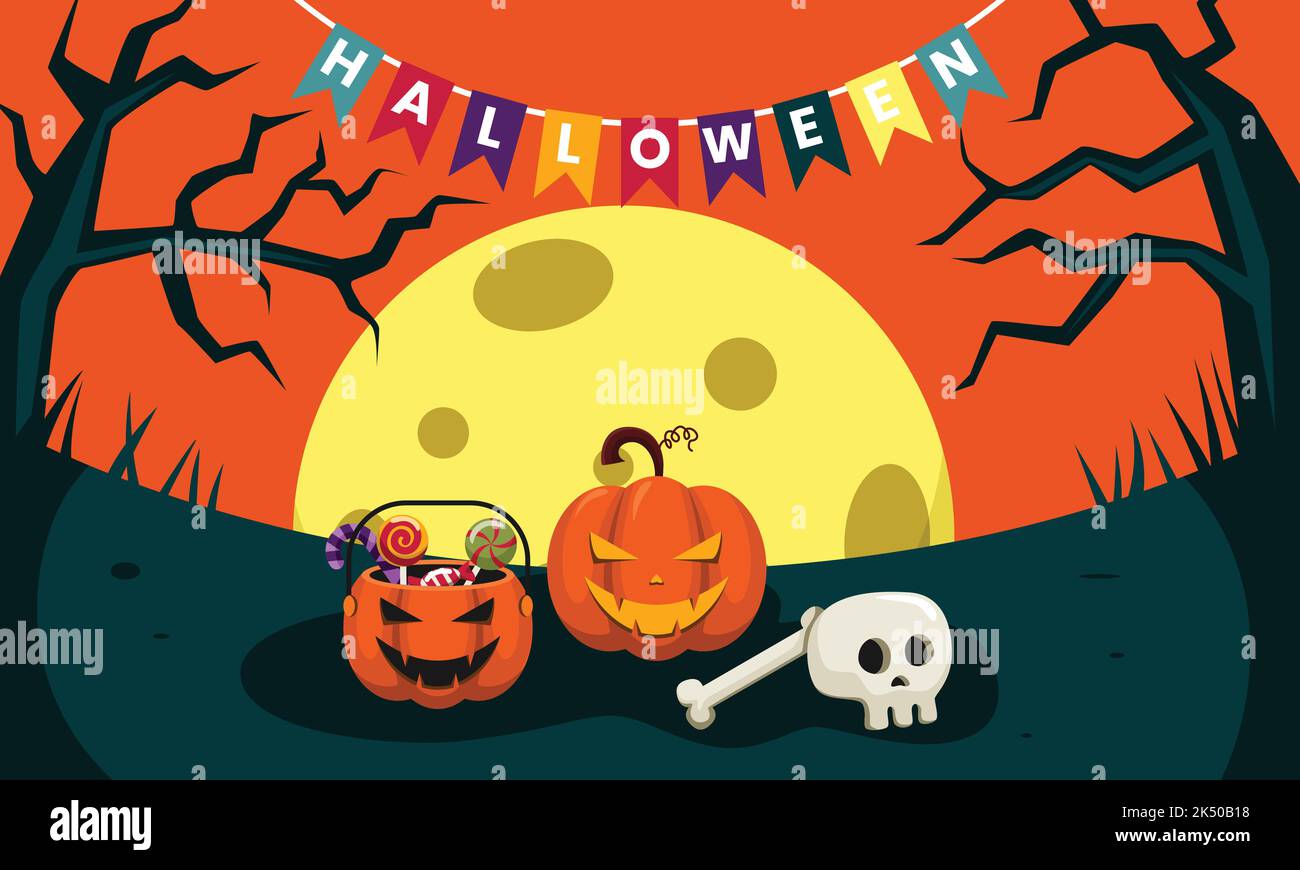Halloween Party Flat Design. with Pumpkin, candy cane, and Skull ...